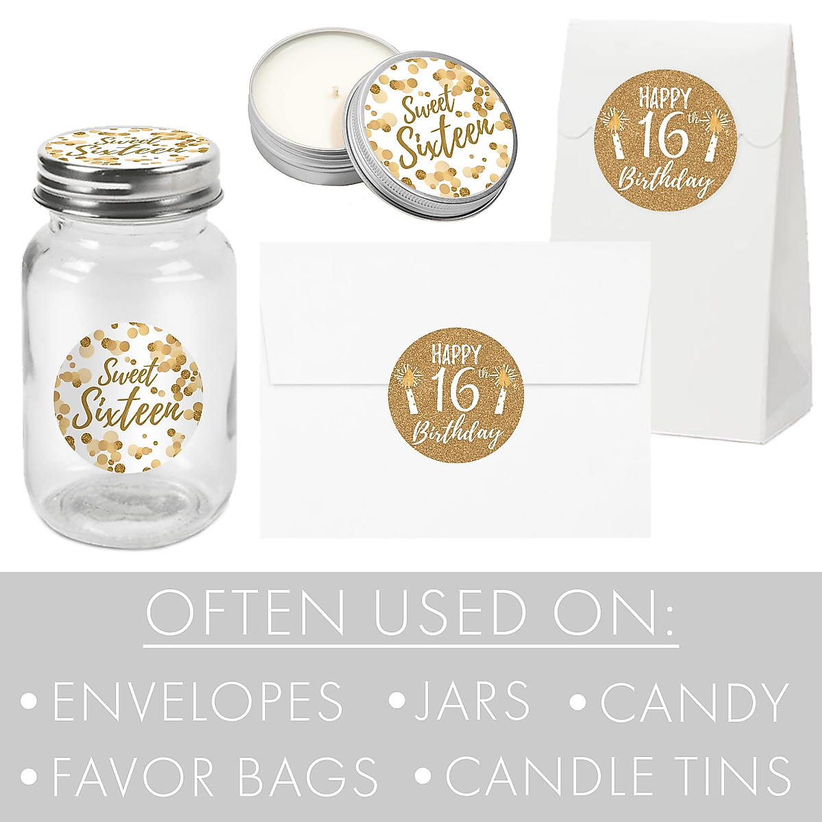 White and Gold Sweet 16 Birthday Stickers, Happy 16th Birthday Party Favor Labels, Sweet Sixteen - 40 Count