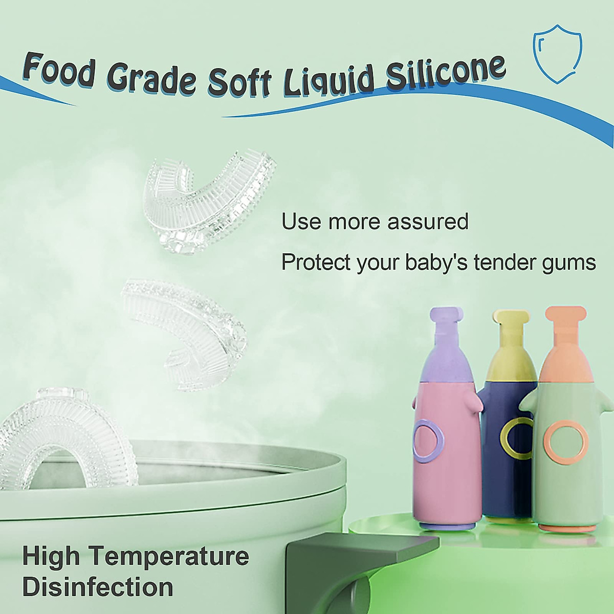 Arsty Kids U Shaped Toothbrush, Food Grade Soft Silicone Brush Head with Handle, Manual 360° Oral Teeth Cleaning Brush for Toddlers and Children (Age 1-6 Pink)