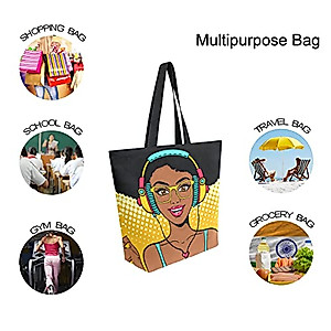 ALAZA African American Woman Music Large Canvas Tote Bag Shopping Shoulder Handbag with Small Zippered Pocket