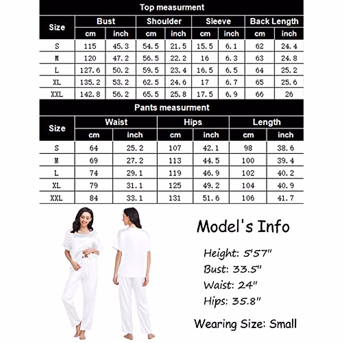 SWOMOG Pajamas Satin Pajamas Short Sleeve Silk Pjs Loungewear Long Pajama Pant Set Ladies Pajamas for Women Two Piece Pajama Set M White