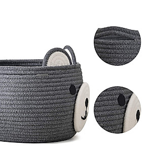 CherryNow Cute Bear Round Basket - Cotton Rope Baskets in Living Room Woven Baby Shower Basket Bedroom Storage Bakset for Children Corner Plant Basket Indoor, Grey, 10.5"D x 8.5"H