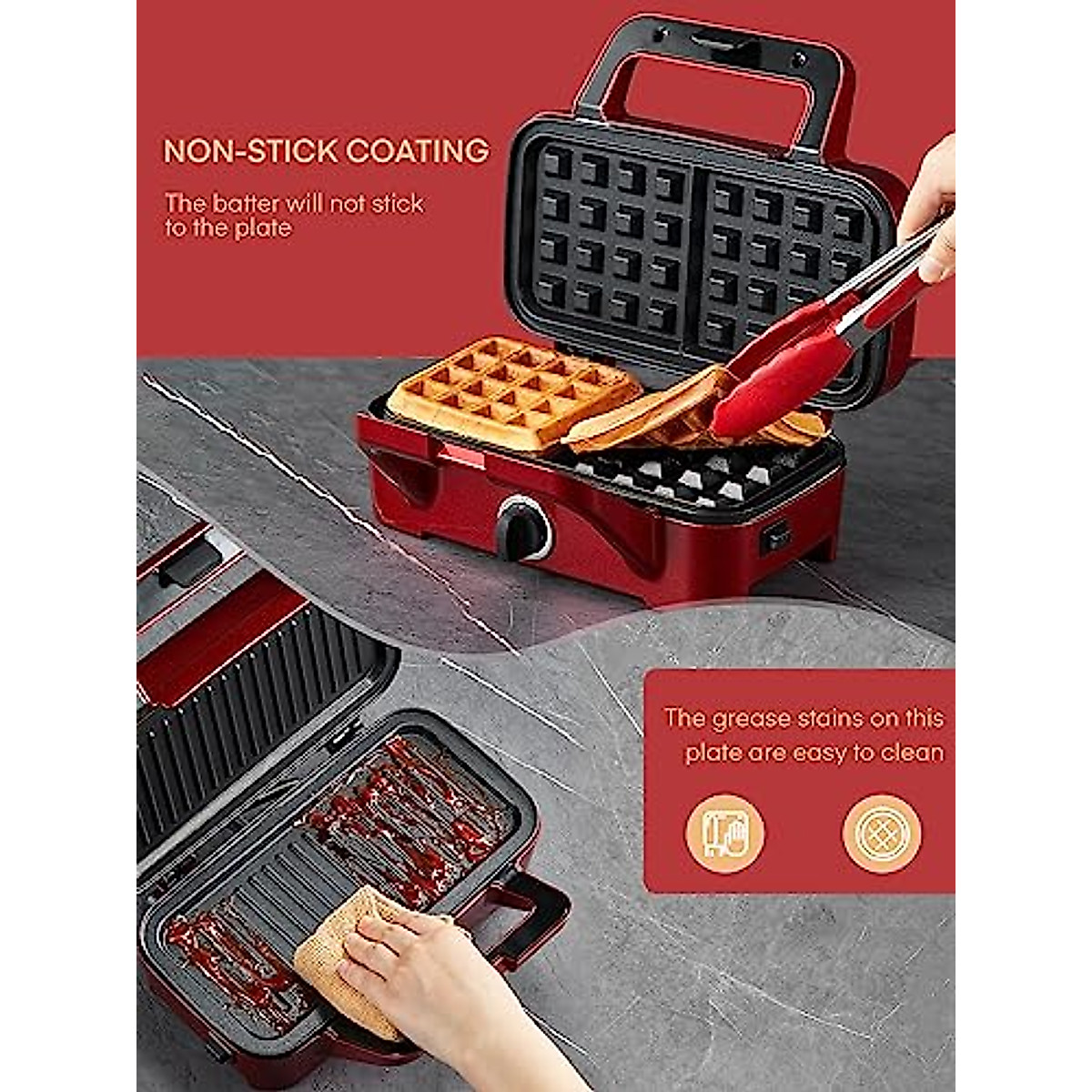 3-in-1 Sandwich Maker, 1200W Grill, Waffle and Sandwich Maker, 5 Speed Temperature Control, 3 Non-Stick and Removable Plates, Cold Touch Handle, LED Light Indicators, BPA Free, Red