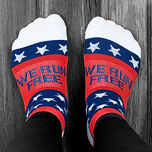 Inspirational Athletic Running Socks | Women's Woven Low Cut | Inspirational Slogans | Over 25 Styles (We Run Free (Red/White/Blue))