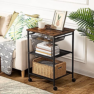 HOOBRO Mobile Printer Stand, 3-Tier Printer Cart with Storage Shelf, Adjustable Metal Mesh Basket, Printer Table on Wheels, Industrial Style in Home Office, Rustic Brown and Black BF23PS01