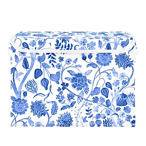 Doterii Blue Chinoiserie Blooming Flowers Storage Bin with Lid Fabric Foldable Cube Baskets Closet Toy Organizer