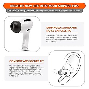 WC TipZ - Upgraded Memory Foam Ear Tips for Airpods Pro Made by Wicked Cushions | Improved Comfort, Tighter Seal, Better Foam Rebound Time | Fits Perfectly in Charging Case | Pitch Black