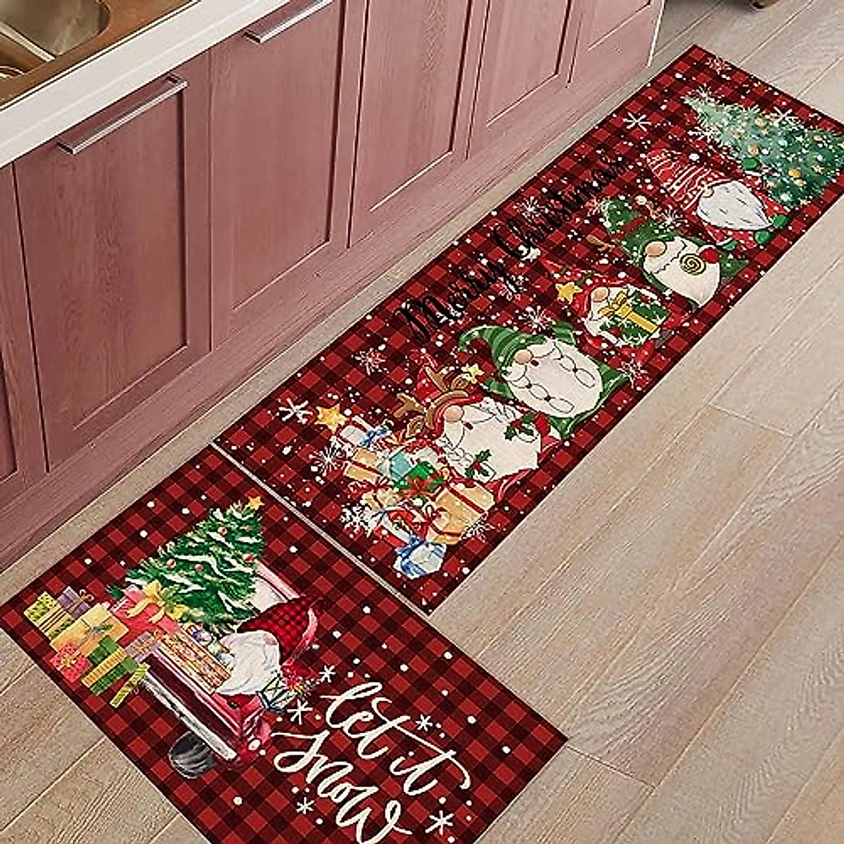Christmas 2Pcs Kitchen Rugs Anti Fatigue Kitchen Mat Non Slip Rug Runner Comfort Standing Floor Mats Kitchen Carpet Set for Sink Laundry - Christmas Red Truck Pull Gnome Xmas Tree Red Buffalo Plaid
