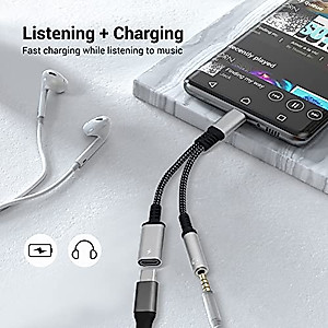 USB C to 3.5mm Headphone and Charger Adapter, 2 in 1 USB C Splitter to Audio Jack & Fast Charging Dongle Cable, Compatible with Samsung Galaxy S21 S21+ S22, Note 20 10, Google Pixel 2 3 4 XL