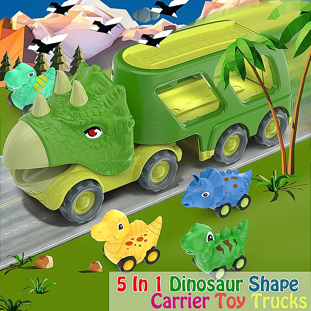 Car Toy for 2 3 4 5 Years Old Boys, Dinosaur Transport Carrier Truck with 4 Pack Small Pull Back Dino Car, Friction Power Vehicle Christmas Birthday Gift for 18M+ Kids Toddler