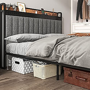 Saudism Full Size Bed Frame with Charging Station, Bed Frame with Led Lights, Full Platform Bed Frame with Soft Storage Headboard, Sturdy and Durable, No Box Spring Needed, Rustic Wood + Steel, Grey