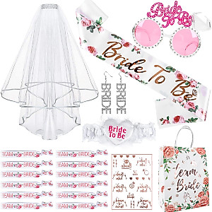 MOVINPE Bachelorette Party Accessories, Bride to Be Sash, Veil, Sunglasses, Rhinestone Earrings, Kraft Gift Bags, Team Bride Hair Ties, Wedding Garter, Tattoos, Pink Bridal Shower Party Decorations