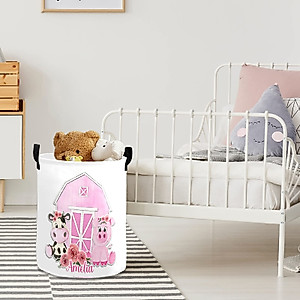Personalized Laundry Basket Hamper,Cow Pig Flower Farm,Collapsible Storage Baskets with Handles for Kids Room,Clothes, Nursery Decor