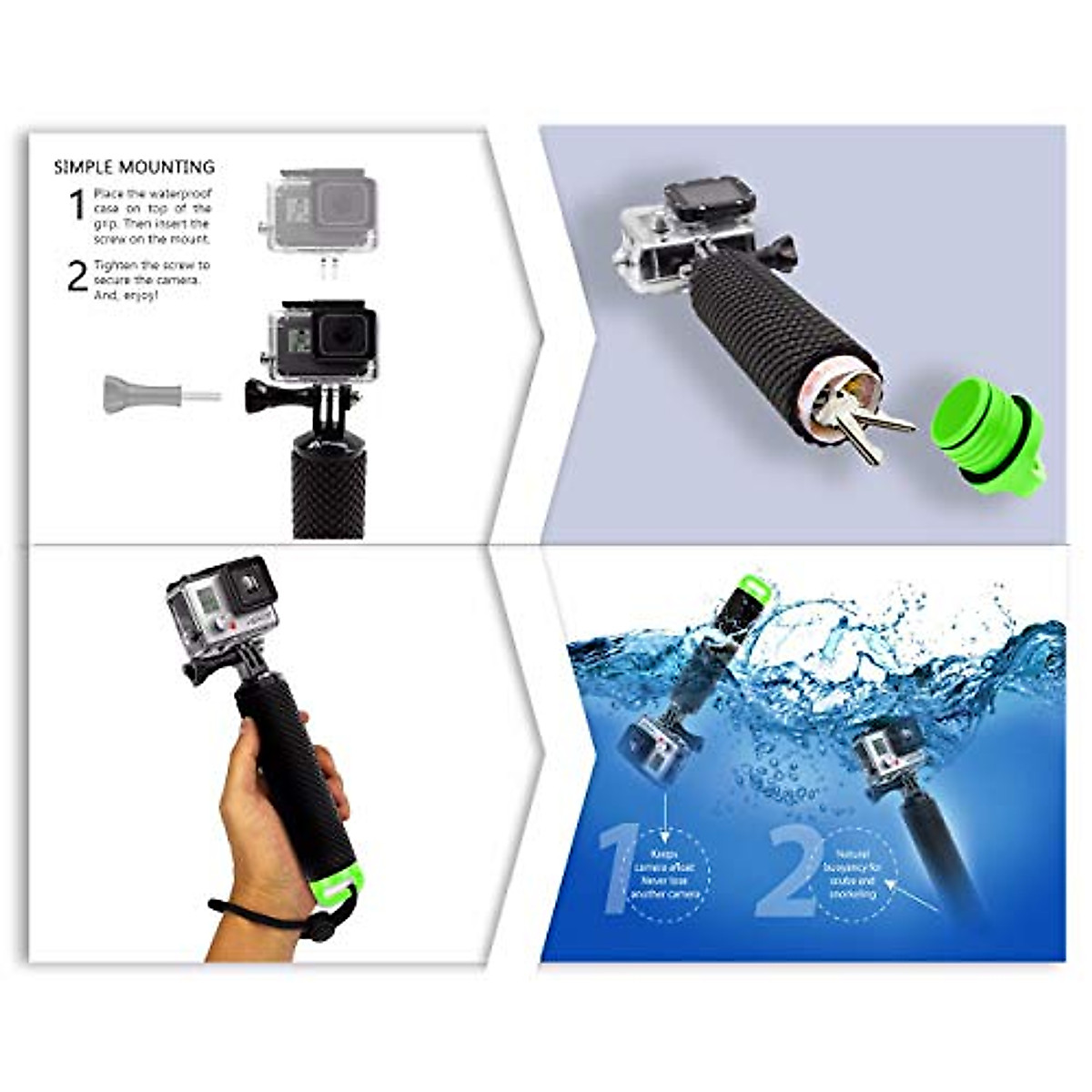Waterproof Floating Hand Grip Compatible with GoPro Hero 11 10 9 8 7 6 5 4 3+ 2 1 Session Black Silver Camera Handler & Handle Mount Accessories Kit & Water for Water Sport and Action Cameras (Green)