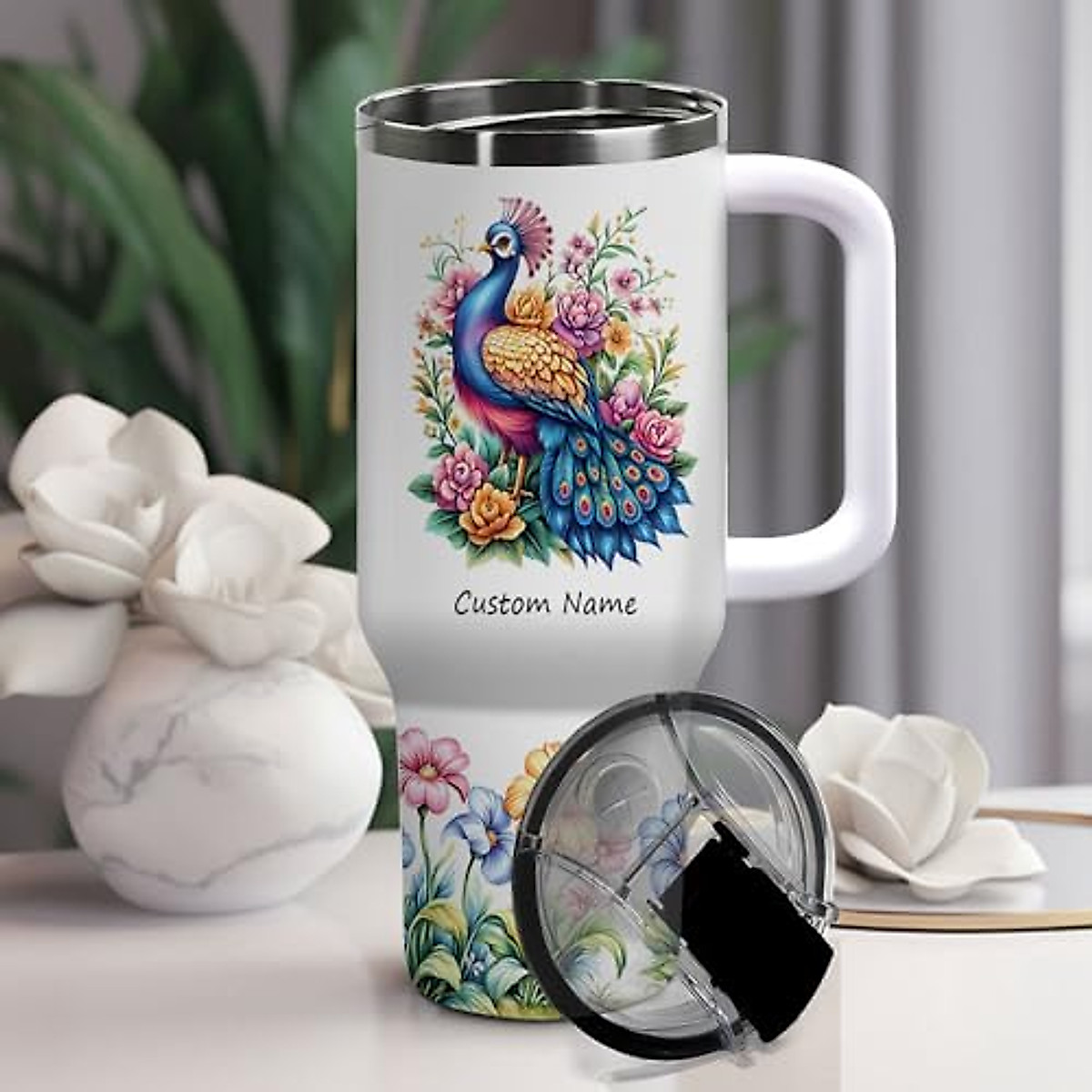 40oz Custom Peafowl Lover Tumbler – Personalized Stainless Steel Mug with Handle and Straw – Cute Bird Gift for Girls Women on Christmas or Birthday Celebration 9Xm2RR