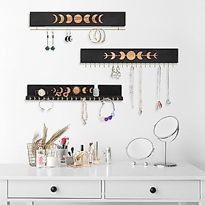 Y&ME YM Jewelry Holder Organizer Wall Mount Set of 3, Hanging Bracelet Necklace Ring Earring Holder Organizer, Wood Floating Shelves for Wall Décor, Sunglass Organizer, Moon Shelf for Crystal Display