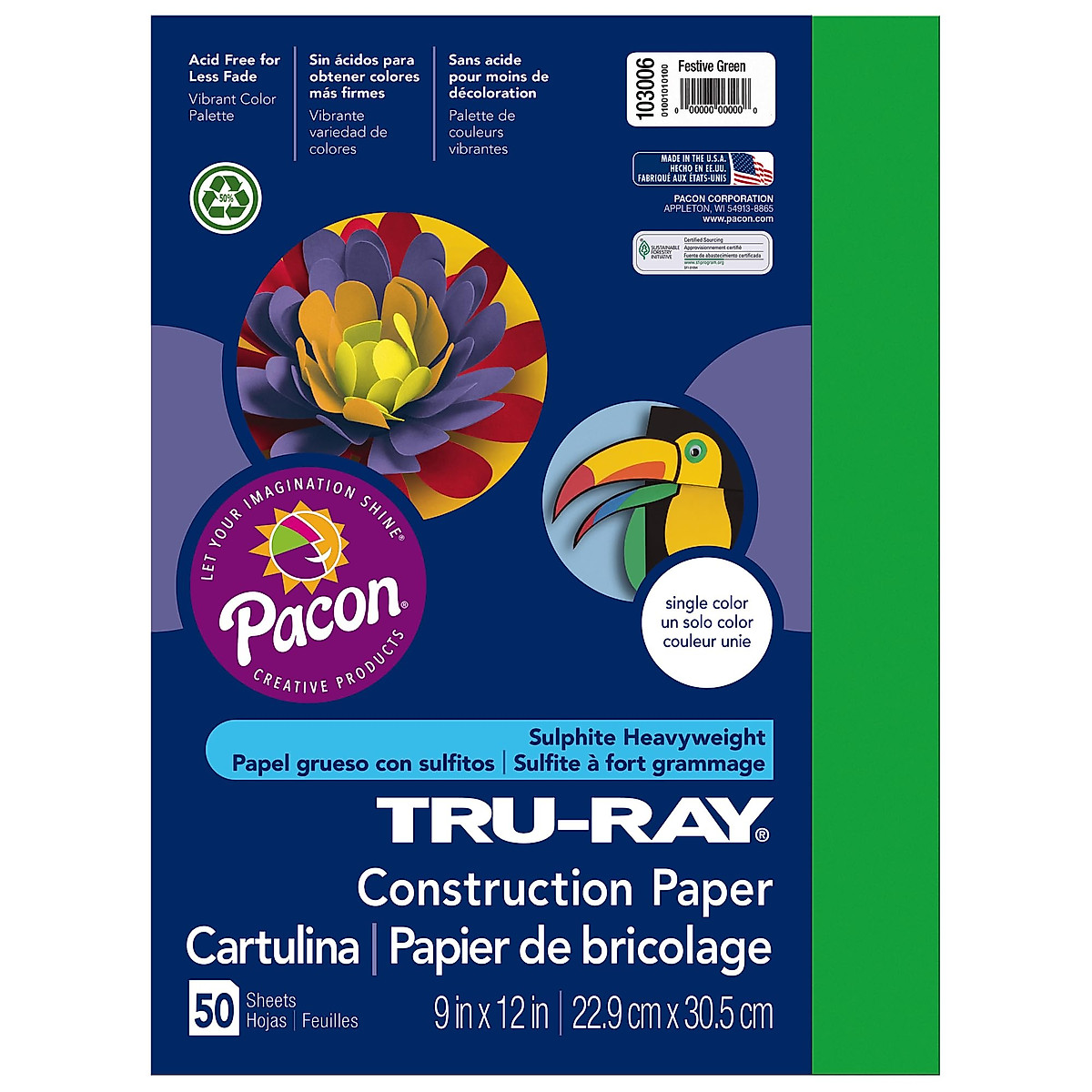 Tru-Ray® Construction Paper, 50% Recycled, 9" x 12", Festive Green, Pack of 50