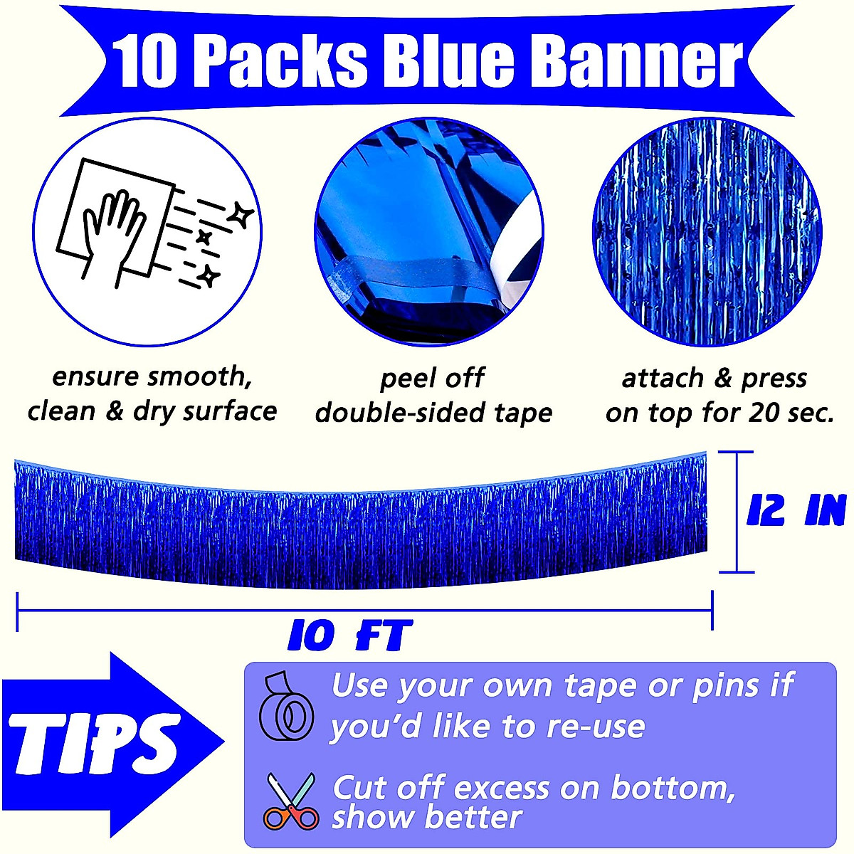 10 Pack 10 Feet Blue Foil Fringe Garland Metallic Tassle Banner Wall Hanging Tinsel Streamers Backdrop for Parade Floats, Bachelorette, Wedding, Birthday, Halloween, Christmas Party Decorations