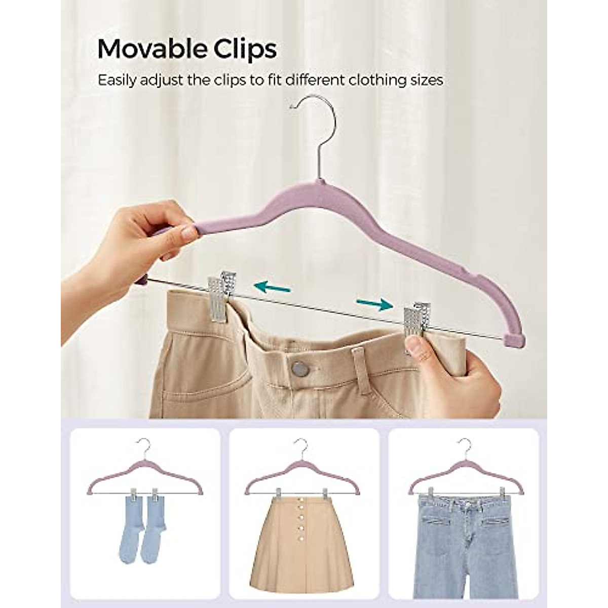 SONGMICS 30-Pack Pants Hangers and 50-Pack Clothes Hangers Bundle, Velvet Hangers with Adjustable Clips and Swivel Hooks, Space-Saving, Pale Purple and Pale Green UCRF012GP30 and UCRF021GR50