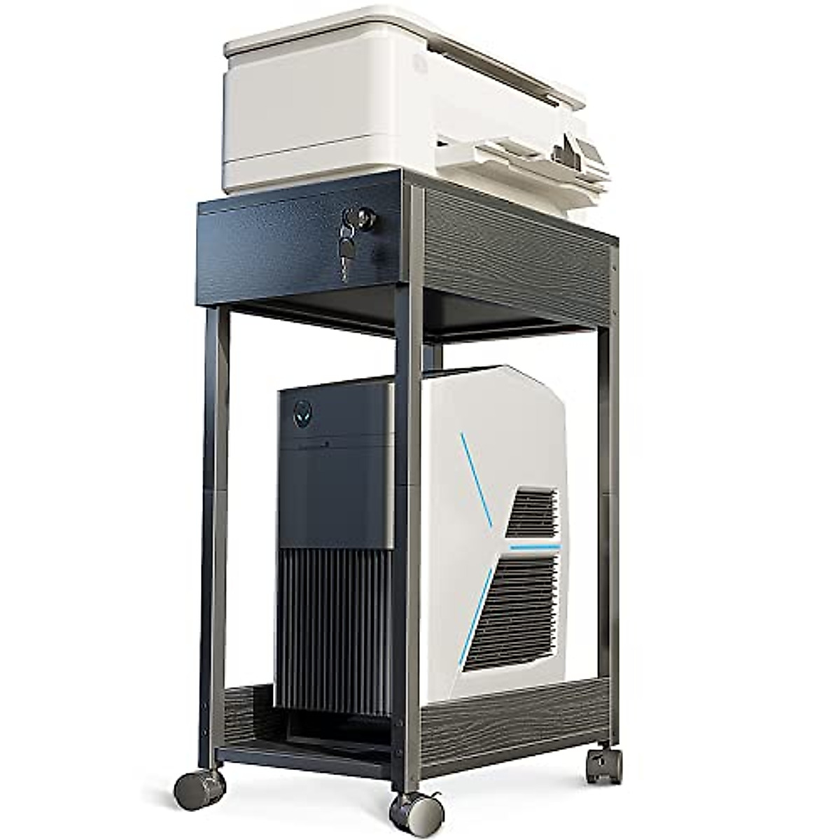 ODK 3-Tier Printer Stand with Storage, Computer Tower Stand with Drawer & Key, Movable CPU Stand, Under Desk Printer Shelf, Storage Shelf with Lockable Wheels for Home Office Black