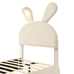 Twin Size Upholstered Platform Bed with Cartoon Ears Shaped Headboard and 2 Small Storage Stools, Velvet Kids Platform Bed Frame with Light for Boys Girls Bedroom, Sturdy Slatted Support (Beige-Ears)