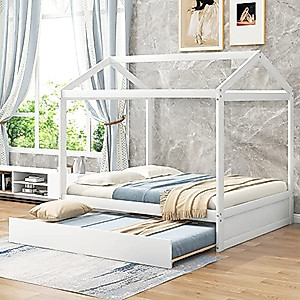 BIADNBZ Full Size House Platform Bed Frame with Trundle and Support Legs for Kids Bedroom, Wooden Playhouse BedFrame, Easy Assembly,White