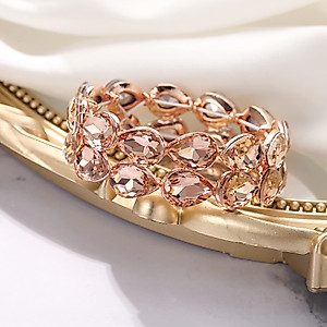 BriLove Wedding Bridal Elegant Crystal Double Row Teardrop Cluster Stretch Bangle Bracelet for Bride Peach Morganite Color Rose-Gold-tone