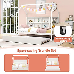 KOMFOTT Wood Twin House Bed with Trundle, Kids Playhouse Platform Bed Frame with Roof & 8 Storage Shelves, 2-in-1 Montessori Bed for Kids Boys Girls, No Box Spring Needed, White