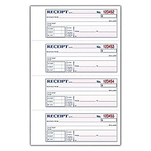 Adams Money and Rent Receipt Book, 3-Part, Carbonless, White/Canary/Pink,7 5/8" x 10 7/8", 100 Sets per Book, 5 Books, 500 Sets Total (TC1182)