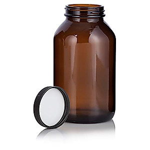 Amber 17 oz Wide Mouth Glass Packer Bottle with Black Ribbed Lid (4 pack)