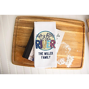 CANARY ROAD Personalized Life Is Better At The River Kitchen Towel | Personalized River House Tea Towel | Family Name | River Cabin Hand Towel | Mountain House Gift | Kitchen Decor