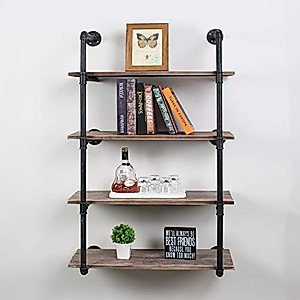 Industrial Pipe Floating Shelves,4 Tiers Wall Mount Bookshelf,30in Rustic Wall Shelves,DIY Storage Shelving Wall Shelf,Rustic Wall Shelving Unit,Wall Book Shelf for Home Organizer,Black Brushed Silver