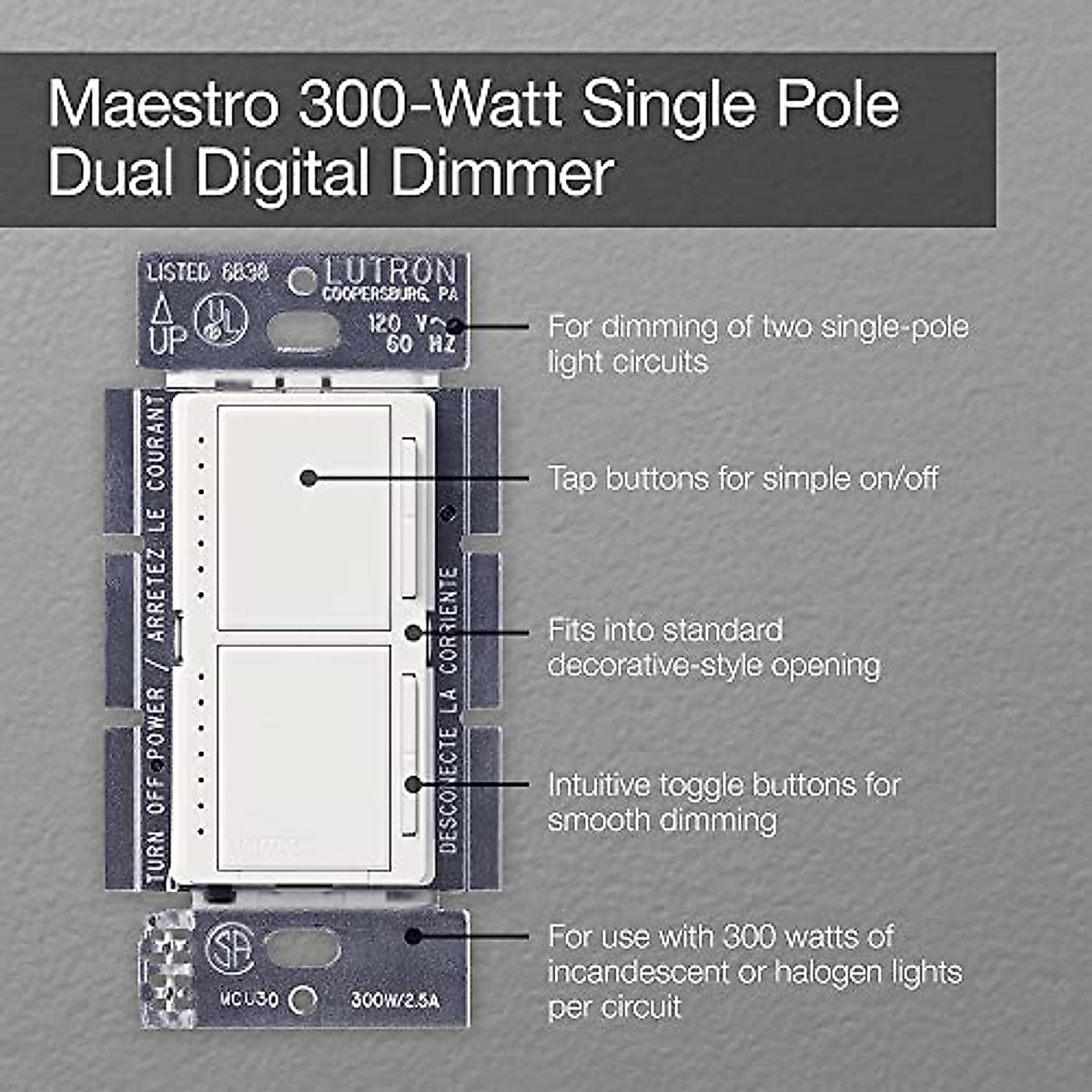 Lutron Maestro Dual Digital Dimmer Switch for Incandescent Bulbs, 300-Watt/Single-Pole, MA-L3L3-WH, White