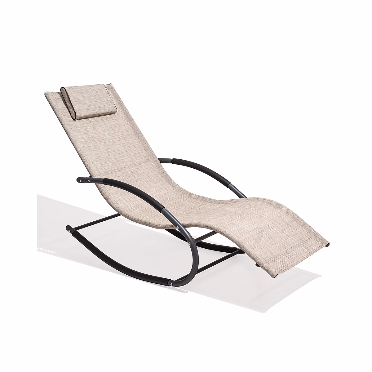 Crestlive Products Patio Rocking Chair Curved Rocker Chaise Lounge Chair with Pillow for Beach Yard Pool Outdoor Indoor, Gray Steel Frame (Beige)