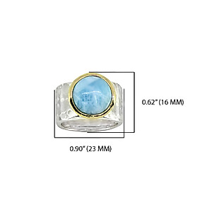 YoTreasure 13 MM Larimar Wide Band Hammered Ring .925 Sterling Silver Brass (10)