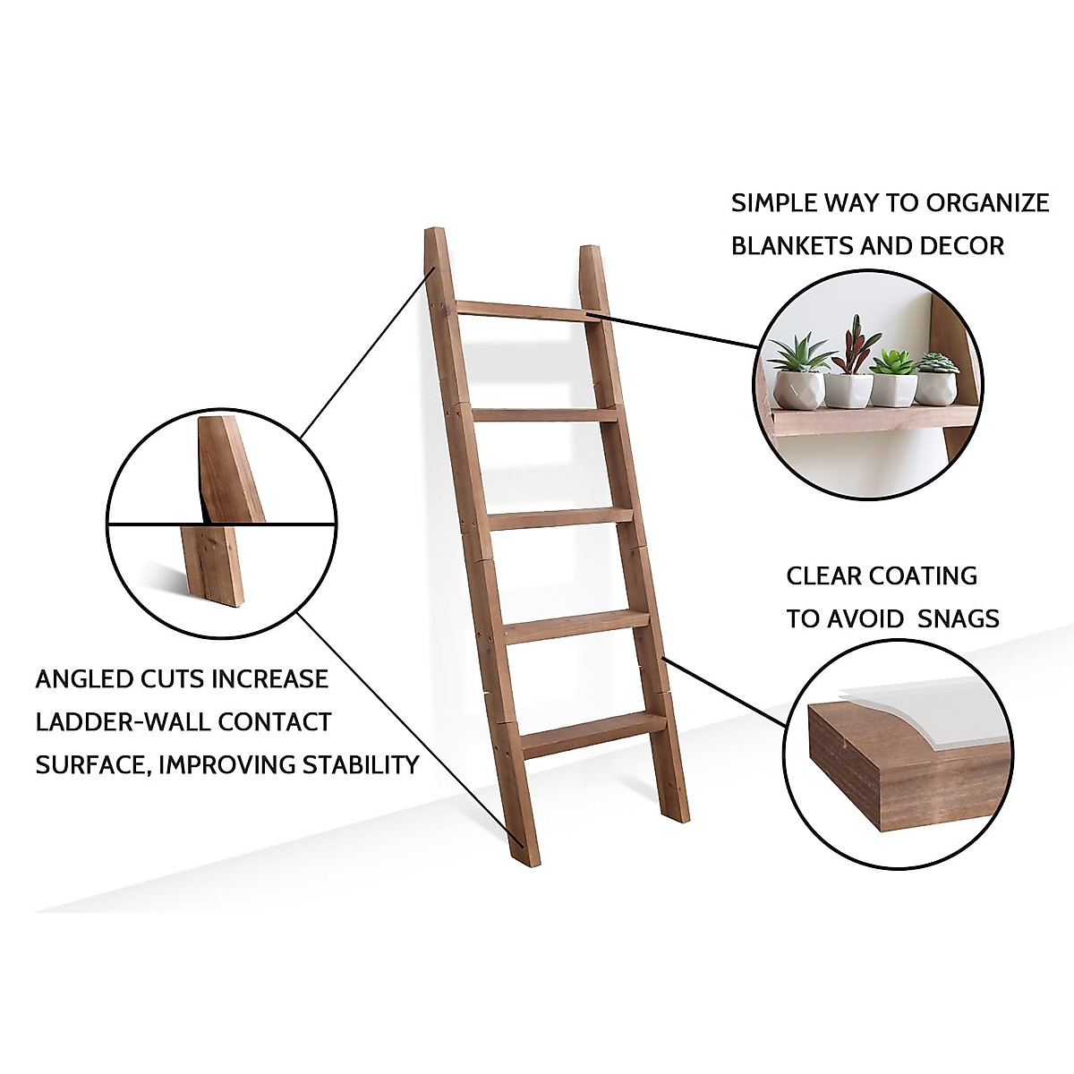 FUIN 5ft (58") Wood Blanket Ladder Living Room Decorative Wall Leaning Farmhouse Quilt Display Holder Shelf Rustic Wooden Towel Rack for Bathroom, Brown