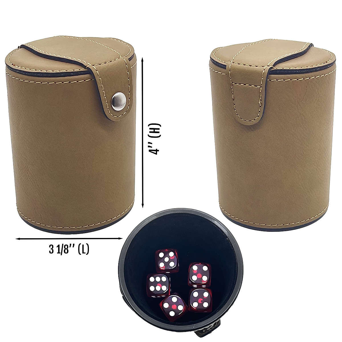 Leatherette Personalized Set of Dice Cup with Storage Compartment Customized PU Leather Dice Cup with 5 Red Dice Custom Gift (Light Brown)