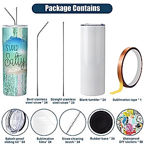 24 Pack 20 oz Sublimation Tumblers Bulk Kit, Stainless Steel Blank Straight Skinny Travel Tumbler Set with Lid, Rubber Base, Straw Brush, DIY Sticker, Shrink Wrap for Heat Transfer Press