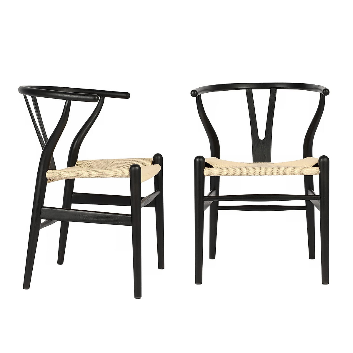 Polynices Wishbone Chair, Weave Modern Solid Wood Mid-Century Y Shaped Backrest Dining Chair (Black + Natural Set of 2)