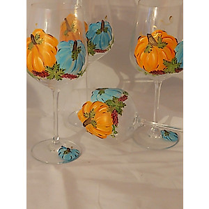 Hand painted autumn pumpkins goblets. set of 4 20 ounce white wine gobblets. usa