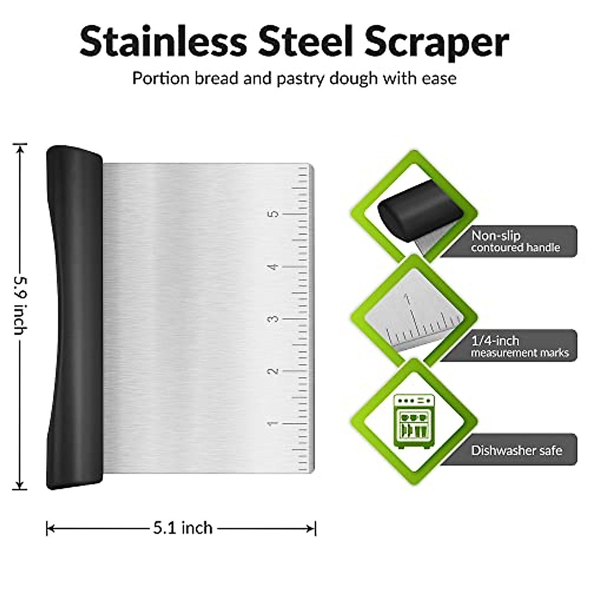 Rainspire Bench Scraper, Stainless Steel Dough Scraper, Pastry Scraper, Pizza and Dough Cutter Multi-Purpose Scraper/Chopper, Pizza Cutter Food Chopper Baking Supplies Kitchen Gadgets, Black