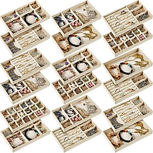 Junkin 18 Pcs Velvet Jewelry Tray Stackable Jewelry Drawer Organizer Dresser Inserts Closet Jewelry Box Divided Display Tray for Bracelet Brooch Necklace Ring Earring Watch Bangle (Beige)