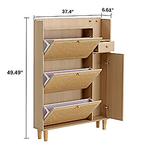 RUNOLIG Rattan Shoe Cabinet, Hidden Shoe Storage with Rattan Mesh Design and 2 Hanging Hooks, Wood Shoe Organizer with 3 Flip Down Drawers and 2 Storage Drawers, Narrow Shoe Cabinet for Entryway