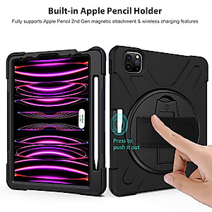 ProCase for iPad Pro 12.9 Inch Case 2022 2021 2020 2018, Rugged Heavy Duty Shockproof Cover with Hand Strap Shoulder Strap for iPad Pro 12.9" 6th 5th 4th 3rd Generation –Black