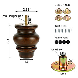 Michanco 3.5 Inch Furniture Feet Wood Bun Feet Set of 4 Ottoman Couch Sofa Replacement Legs