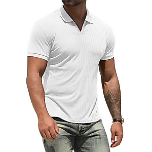 NITAGUT Polo Shirts for Men V Neck Slim Fit Short Sleeve Performance Golf Shirt Knit Soft Tees White, Medium