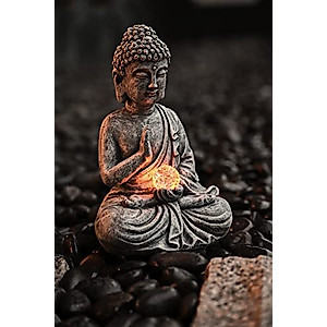 TERESA'S COLLECTIONS Meditating Buddha Statue and Lotus Lantern Garden Statue with Solar Lights, Set of 2 Rustic Buddha Outdoor Statue Spiritual Zen Garden Decor for Patio Porch Yard Decorations