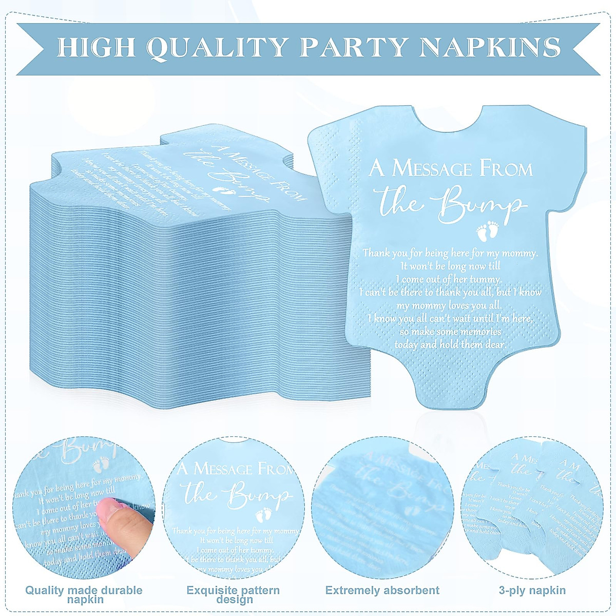 Colarr 100 Pcs Small Baby Shower Napkins Bodysuit Shape Gender Reveal Decorations Party Napkins a Message from the Bump Cocktail Disposable Paper Napkins for Baby Shower Thank You Gift (Blue)