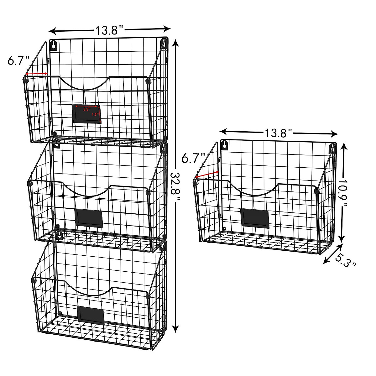 Hanging Metal Wire Storage Basket - X-cosrack 3 Tier Office Wall File Organizer With Hook & Foldable Magazine Mail Document Rack & Bathroom Kitchen Vegetable Fruit Spice Baskets Organizing and Storage