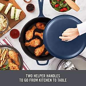 Zakarian By Dash 4.5QT Nonstick Cast Iron Deep Skillet with Cast Iron Lid for Family-Sized Meals, Frying, Roasting, Baking, One-Pot Meals and More - Blue