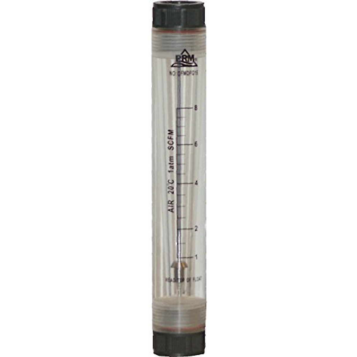 PRM 1-8 SCFM Air Rotameter Flow Meter, 1/2 Inch Female NPT Inline Connections, Acrylic Body, PVC End Tails, Viton O-Rings, 8 Inch Height